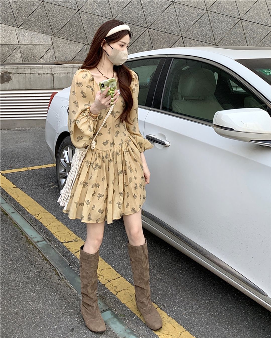 브라운 플라워 보헤미안 원피스 V 브이 넥 롱 슬리브 슬림 여리 청순 페미닌 A 라인 플레어 플리츠 미니 미디 스커트 치마