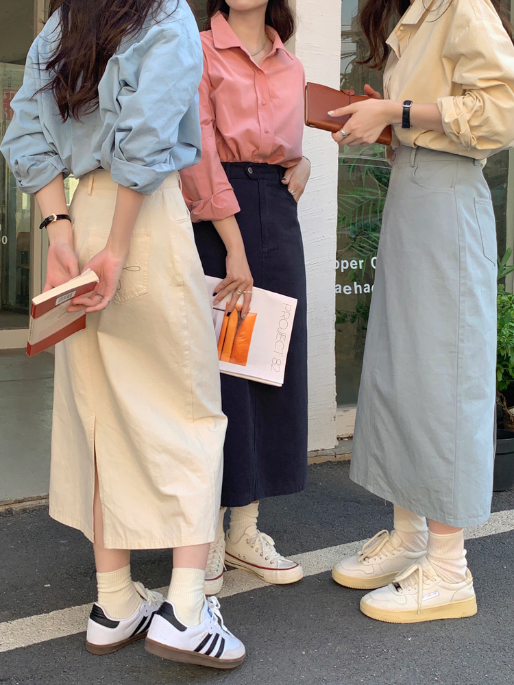 코튼 스트레이트 파스텔 스커트 단추 여밈 하이 웨스트 포켓 포인트 슬릿 트임 절개 A 라인 롱 미디 캐주얼 기본 심플 베이직