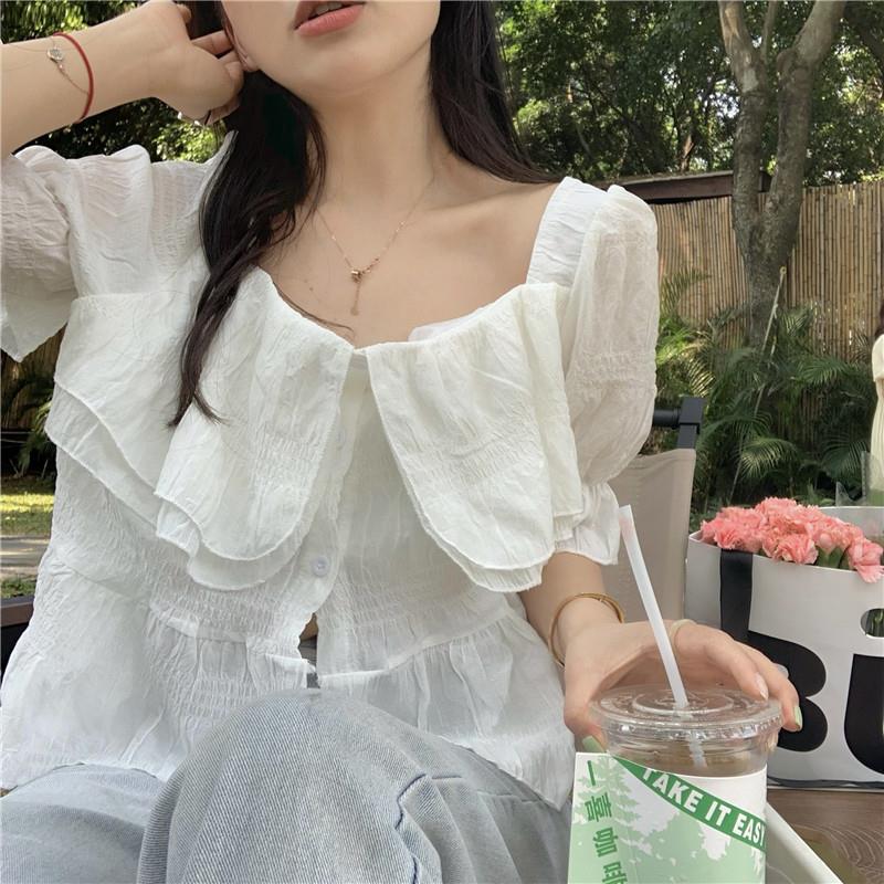 베이지하루 화이트 블라우스 상의 러플 플리츠 시스루 주름 밴딩 루즈핏 스퀘어넥 비치 바캉스룩 휴가 리조트룩 휴양지옷 30대 40대 여성 여자 레이디 봄 여름 간절기 심플