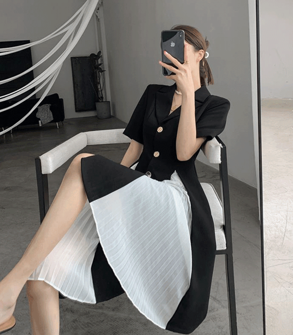 다바나 로얄 클래스 블랙 화이트 플리츠 스커트 드레스 Md 강력추천 프레스티지 클래스 2부웨딩 브라이덜샤워 셀프웨딩 정통 프랑스 스타일 V넥 햅번 블랙수트 워드 스커트