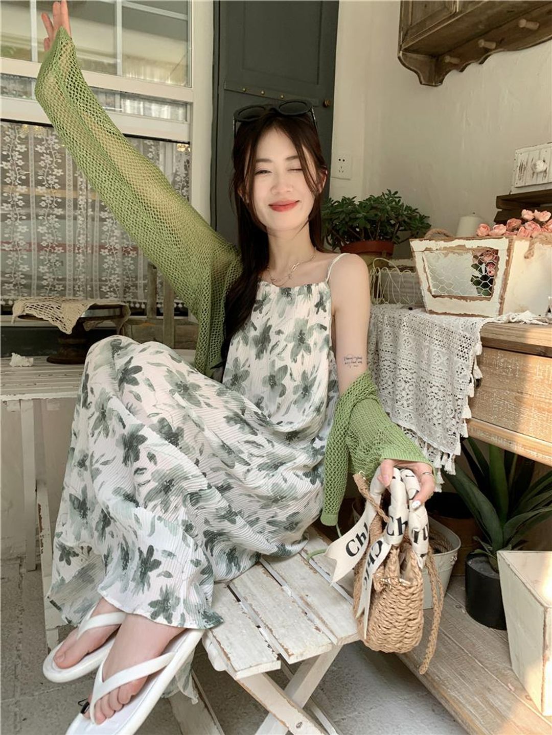 상큼발랄 가디건 원피스 조합 망사 메쉬 루즈핏 롱드레스 끈나시 뷔스티에 레이어드 캐미솔 어깨끈 꽃무늬 플라워 그린 A라인