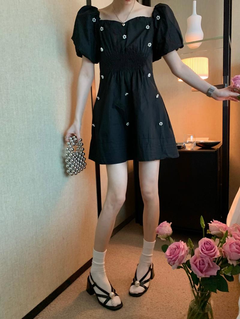프렌치 스퀘어 미니 원피스 벌룬 퍼프 하프 반팔 소매 슬리브 미니 숏 짧은 A 라인 하이 웨스트 플레어 스커트 치마 드레스