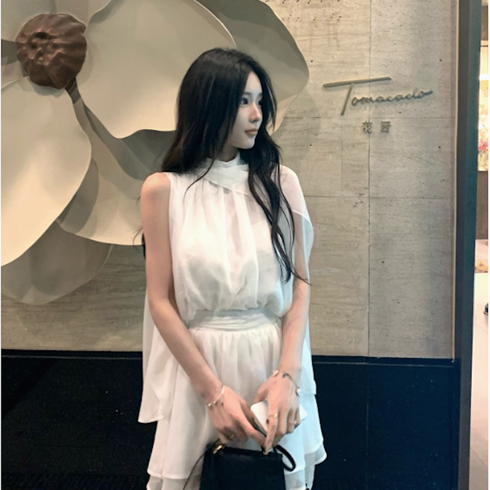 여름 투피스코디치마세트 쉬폰 투피스세트 매쉬 언발런스 민소매 홀터넥 하프넥 스카프 타이블라우스 주름 캉캉스커트 플레어 A라인 미니스커트 투피스 셋업 여름옷 데이트룩