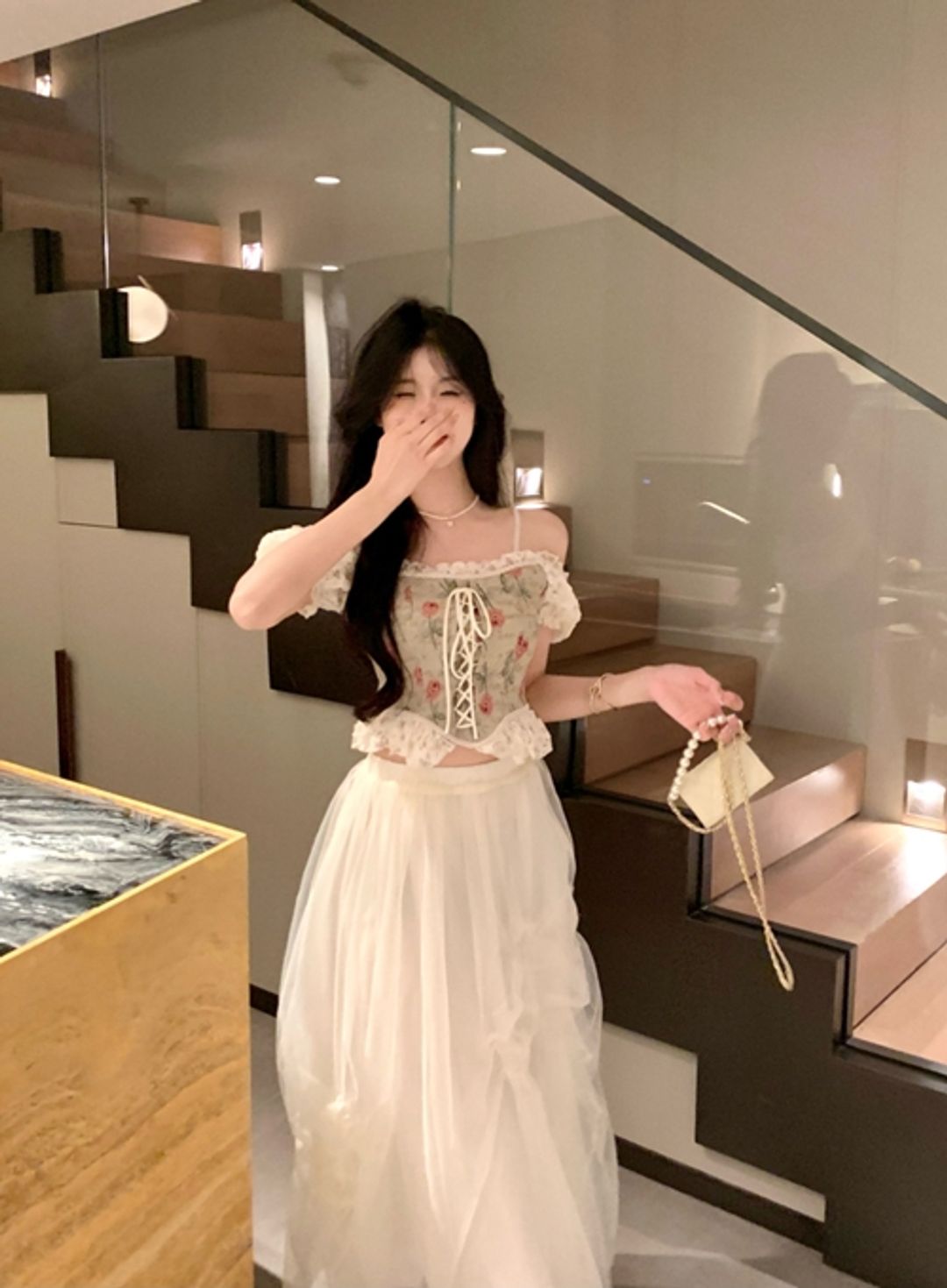 스위트 소녀 프랑스 꽃 스커트 투피스 세트 여성스러운 여름 정장 메쉬 샤 스커트 롱치마 레이스 아일렛 코르셋 라인 청순한