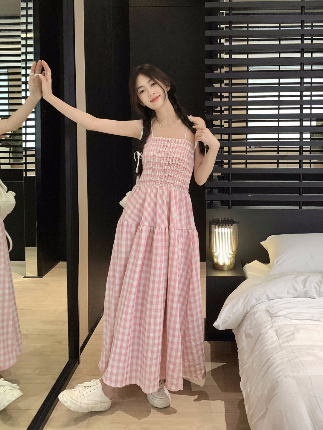 스모크 밴딩 체크 프렌치 원피스 스퀘어 넥 슬리브리스 나시 민 소매 밴딩 하이 웨스트 A 라인 롱 맥시 멕시 플레어 스커트