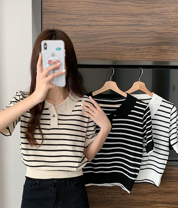 심플 클래식 블랙 스트라이프 줄무늬 단가라 폴로 카라 루즈핏 반팔 기본티 얇은 봄 여름 티셔츠 꾸안꾸 캐주얼 데일리룩