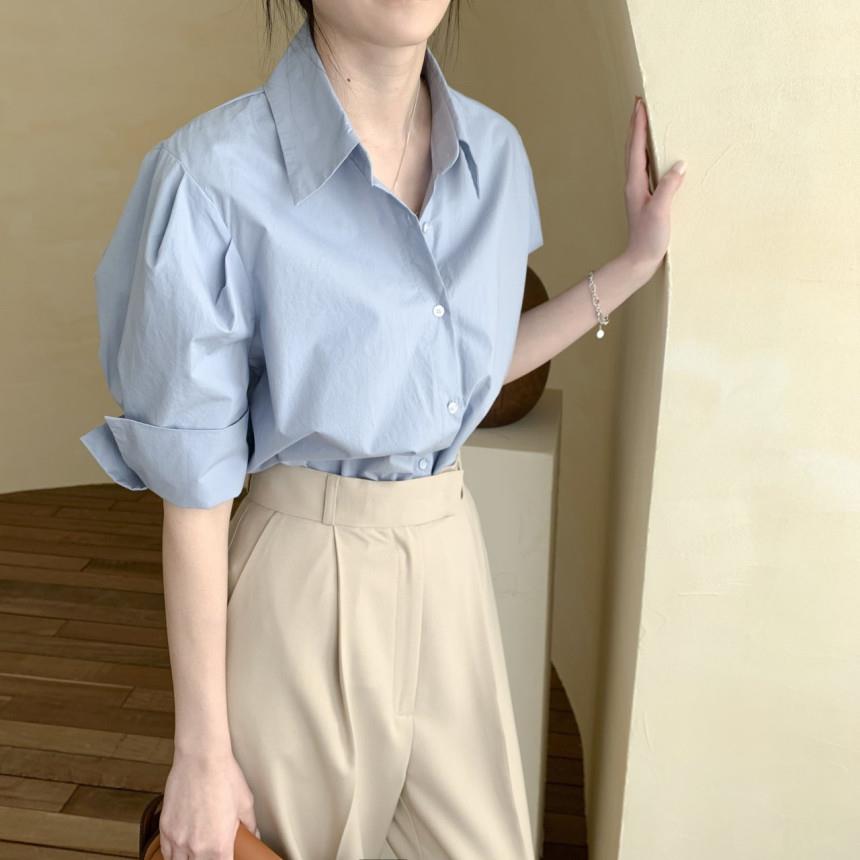 베이지하루 카라넥 블라우스 반팔 상의 셔츠 남방 단추 슬림핏 무지 화이트 정장 커리어우먼 오피스 사무실 직장인 세미정장 세미룩