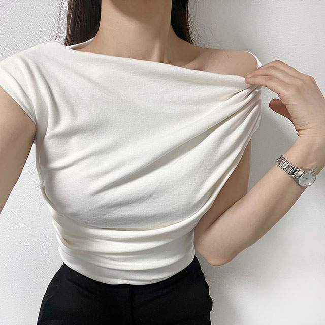 우아함원단굿 드레이프 셔링 보트넥 오프숄더 블라우스 반팔 티