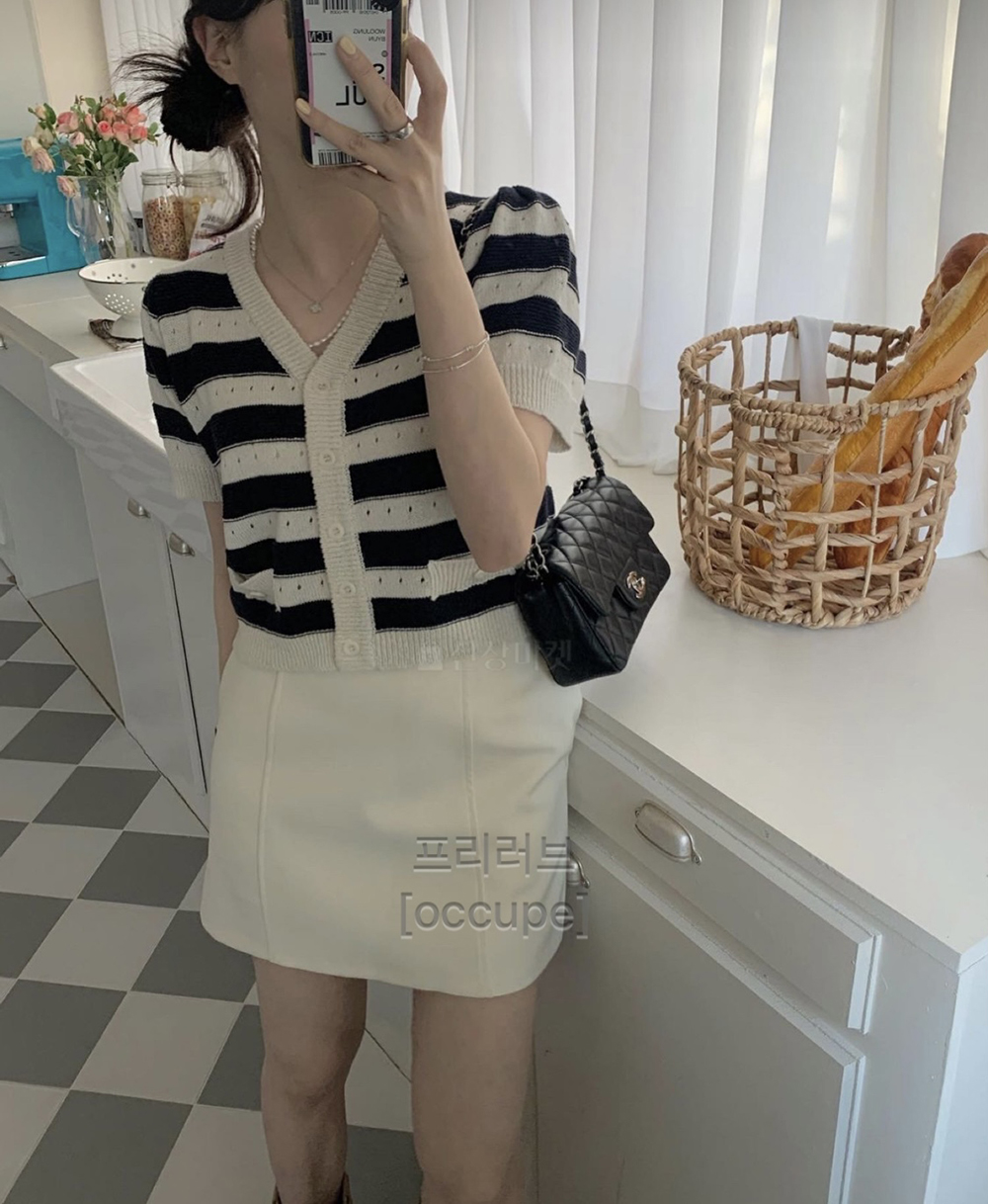 [곤색당일]프리러브 배색 린넨 가디건 (2col) freelove 단가라 반팔니트