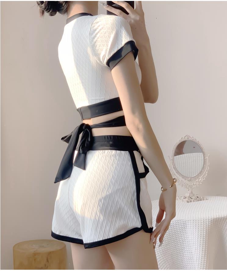 로이핏 슬림핏 자카드 크로스 리본 반팔 투톤 배색 레쉬가드 숏 크롭 투피스 반바지 팬츠 세트 수영복 비치웨어 호텔 수영장
