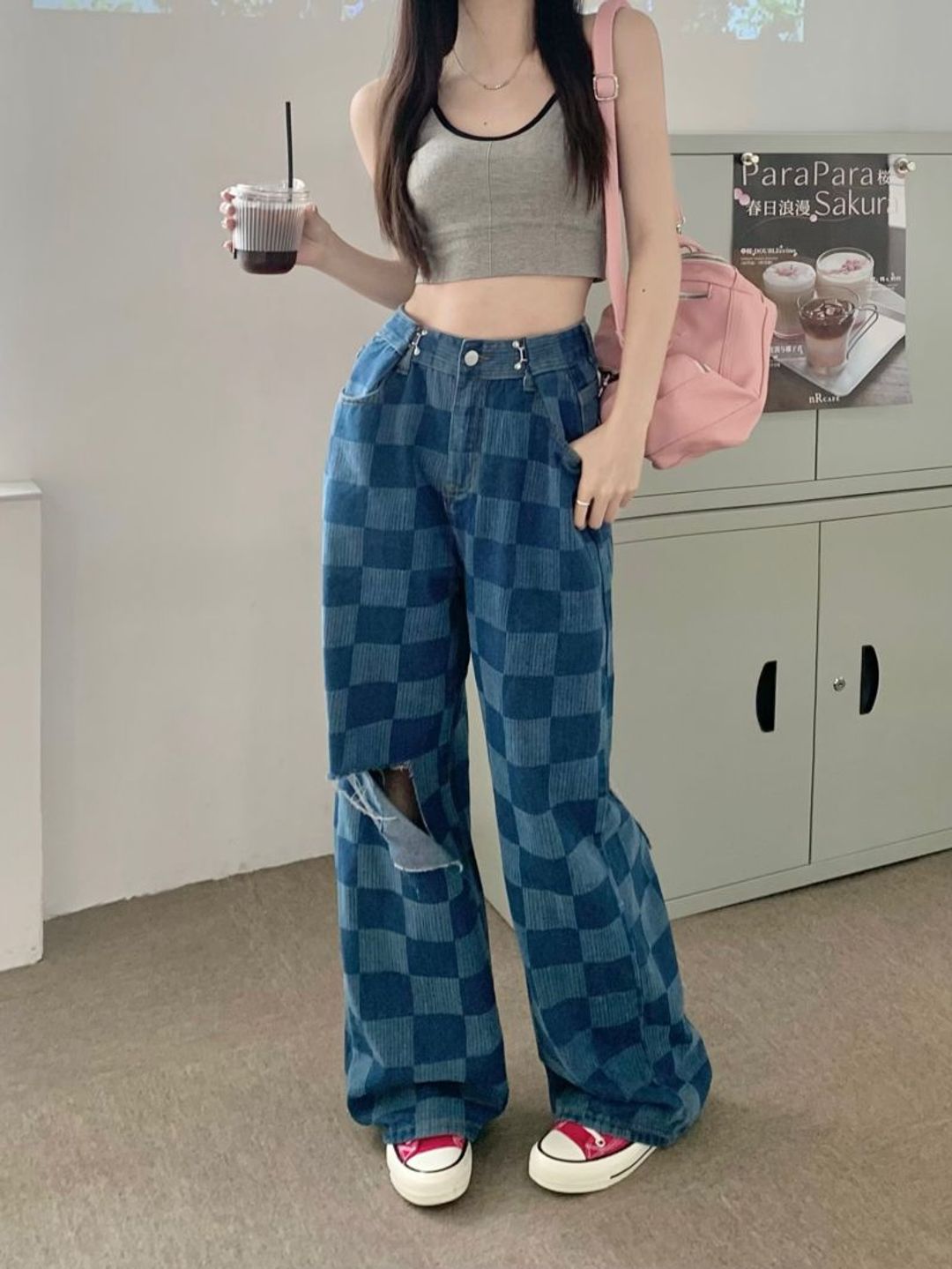 하이 웨스트 데님 체커 팬츠 롱 다리 트임 절개 데미지 찢청 찢어진 체크 무늬 체커 보드 힙한 스트릿 유니크 와이드 스트레이트 곱창 워싱 청 바지 캐주얼 홍대 합정 상수 룩