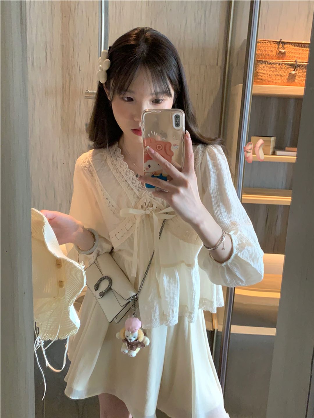 스티치 레이스 블라우스 V 브이 넥 물결 웨이드 리본 롱 슬리브 프릴 플레어 롱 슬리브 긴팔 블라우스 린넨 셔츠 청순 여리