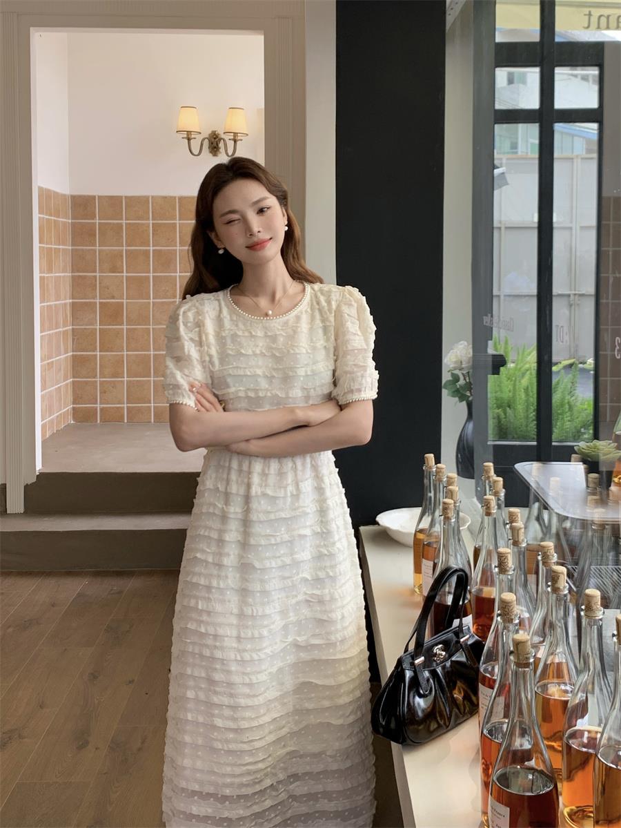 베이지하루 단아함 우아함 왓에버 여자 롱원피스 반팔 라운드넥 하이엔드 디테일 심플 단아한 깔끔한 스플라이싱 퍼프소매