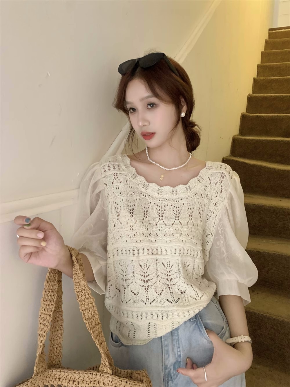 페미닌 펀칭 니트 반팔 탑 라운드 넥 물결 웨이브 청순 여리 페미닌 유니크 쉬폰 반팔 벌룬 하프 소매 슬리브 러블리 반팔 티셔츠 블라우스 T 여름 로맨틱 프렌치 여친 데이트 룩