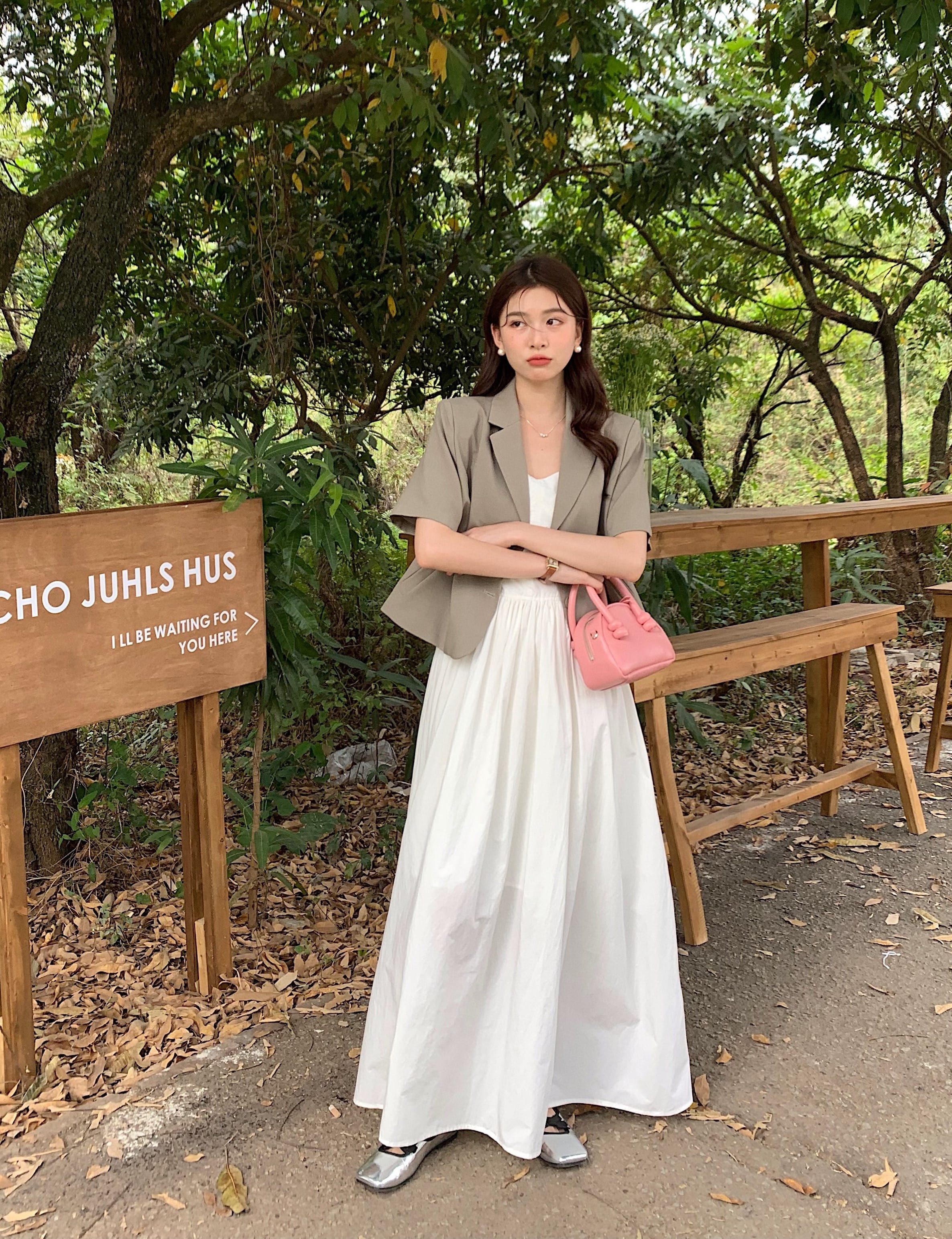 러블리 심플 화이트 원피스반팔 카키 자켓 Set V 브이 넥 화이트 슬리브리스 나시 민 소매 A 라인 롱 멕시 맥시 플레어 스커트 치마 드레스기본 심플 베이직 반팔