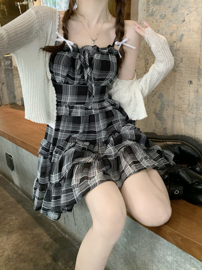 블롱뮤 프릴 캉캉 체크 원피스 스퀘어 넥 오프 숄더 끈 나시 슬리브리스 민 소매 하이 웨스트 레이스 러플 A 라인 미니 숏