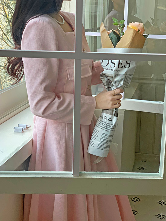 기간한정세일하객룩오피스룩 블러썸 트위드 투피스 스퀘어넥 크롭 자켓 훌 A라인 주름 롱 스커트 세트 핑크옐로우아이보리