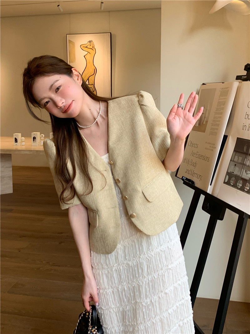 골드 하프 트위드 자켓레이스 티어드 원피스 Set V 브이 넥 벌룬 파워 퍼프 하프 반팔 슬리브 소매 단추 여밈 봄 여름 자켓 아우터스퀘어 넥 민 소매 끈 나시 A