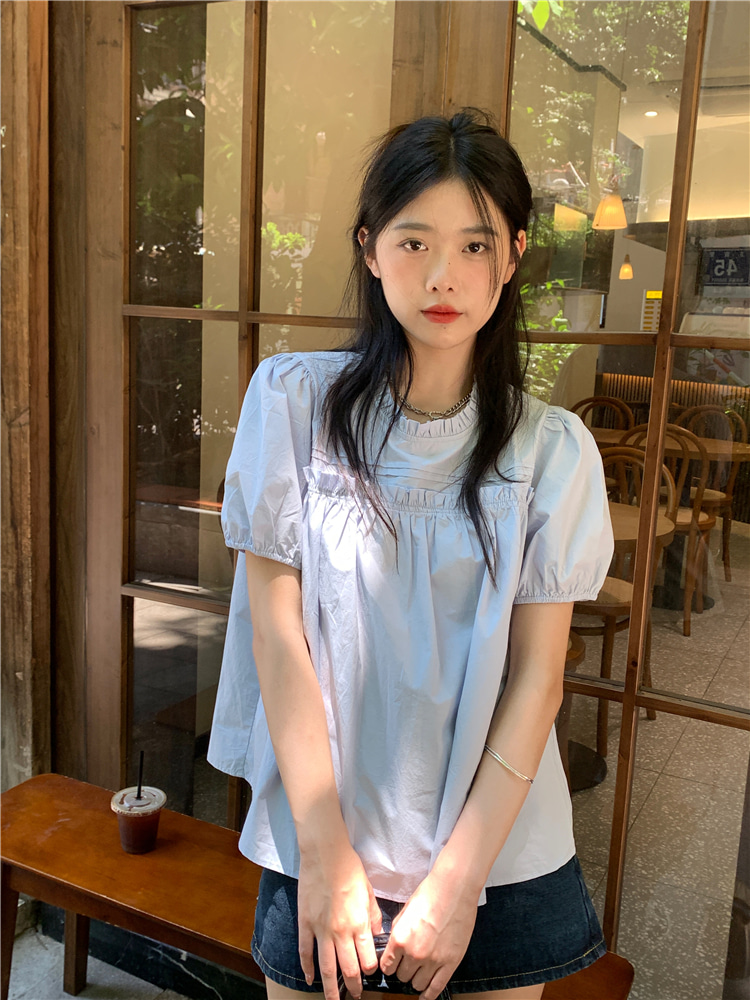 코튼 블루 반팔 블라우스 라운드 넥 벌룬 퍼프 숄더 하프 반팔 소매 슬리브 루즈 핏 기본 심플 러블리 프렌치 페미닌 셔츠