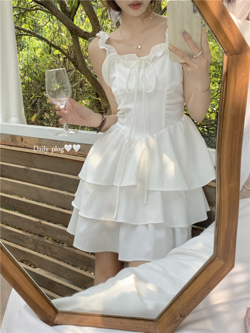 미니 화이트 티어드 원피스 스퀘어 넥 프릴 리본 러블리 민 소매 슬리브리스 나시 하이 웨스트 A 라인 캉캉 미니 숏 짧은 치마 플레어 스커트 치마 드레스 귀여운 유니크