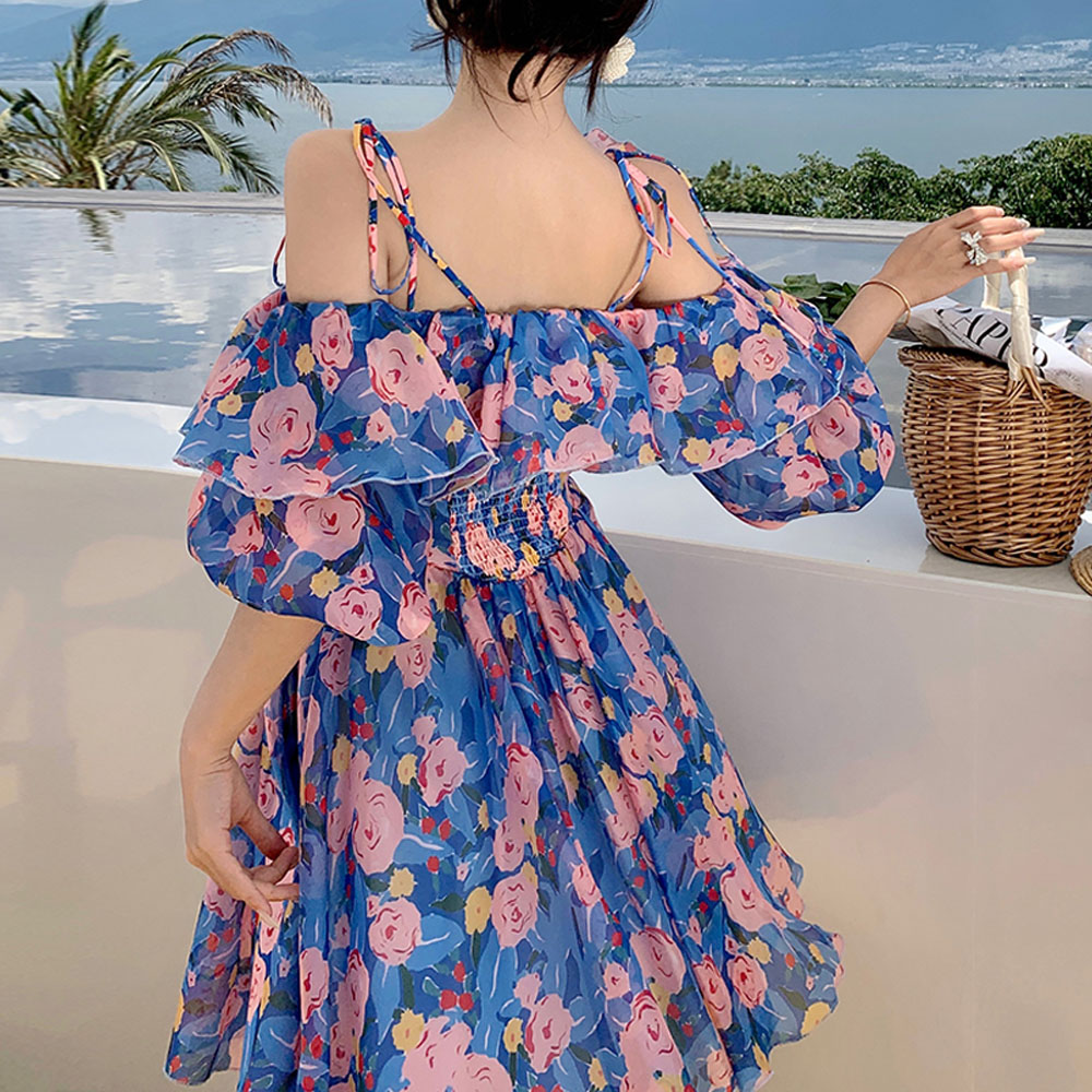 컬러여신 플라워 여름 어깨끈 오프숄더 나시 쉬폰 원피스 플레어 벚꽃놀이 여름 휴양지 바캉스 해외여행원피스