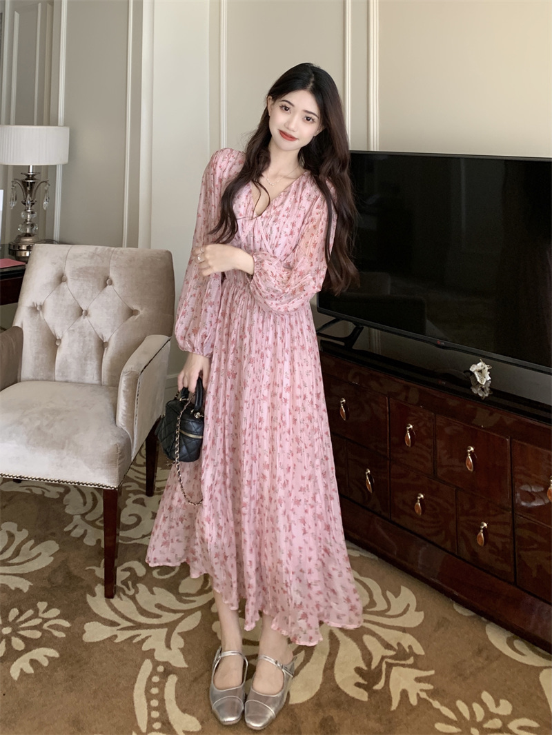여리 플라워 롱 원피스 V 브이 넥 롱 슬리브 하늘하늘 청순 하이 웨스트 A 라인 롱 미디 스커트 치마 드레스 러블리 레트로 꽃 무늬 프린팅 잔 꽃 패턴 여친 봄 쉬폰