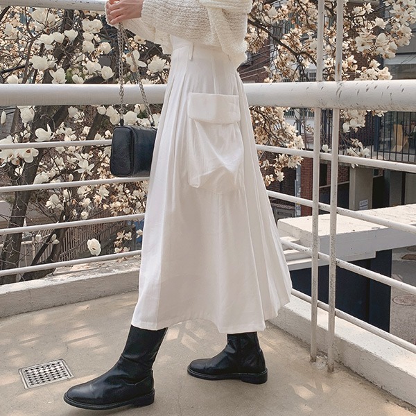 트렌디무드♥ Made 프리미엄 뮬라 플리츠 포켓 스커트 봄간절기데일리롱스커트a라인플레어