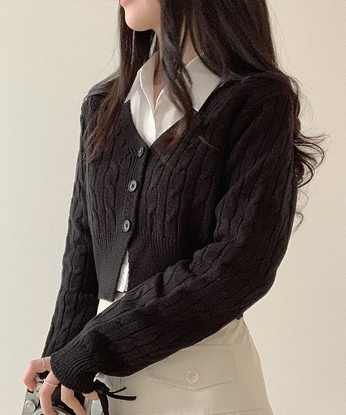 투게더위드미 숏기장🌟 레이어드 추천 파스텔 컬러감 브이넥 꽈배기 케이블 루즈핏 긴팔 크롭 가을 니트 숏가디건 블랙 아이보리