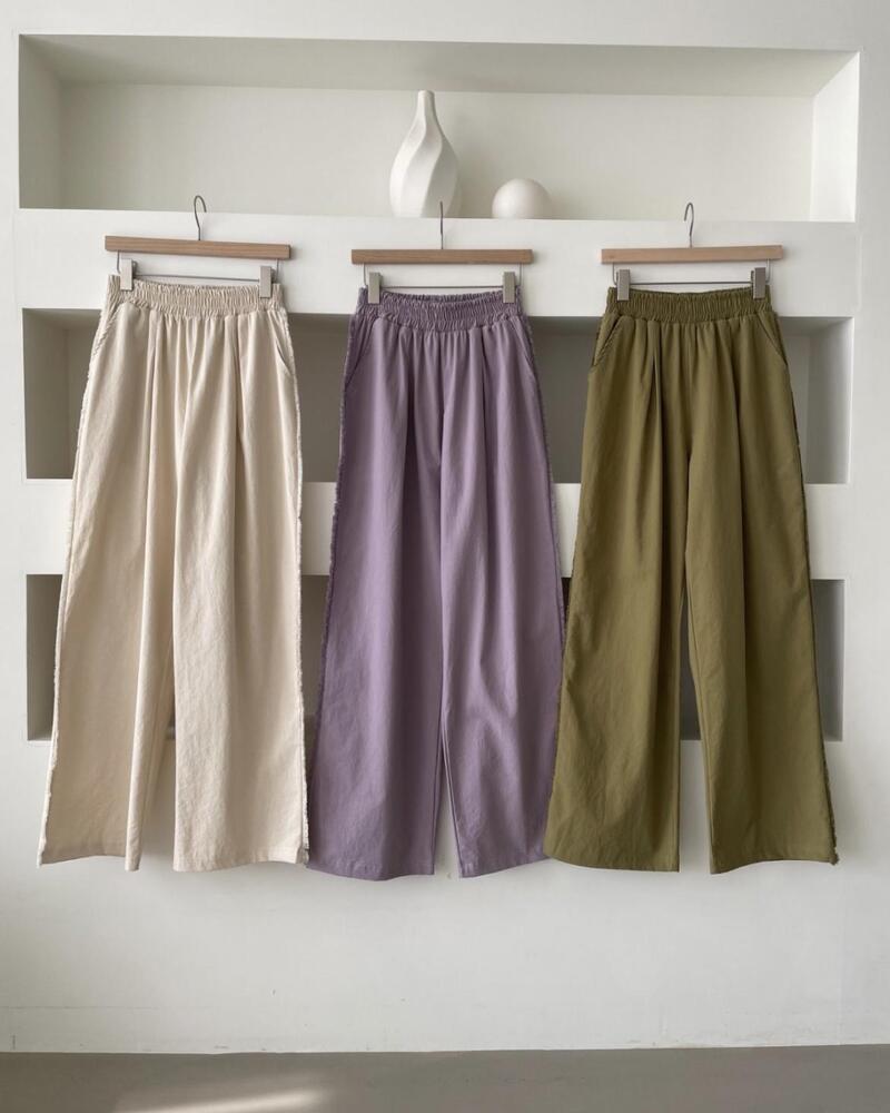 이편한 핀턱 밴딩 롱 팬츠 3col 수술 라인 코튼 면 데일리 여행 이지 심플 와이드 연카키 파스텔 퍼플 연보라 베이지 벚꽃룩 벚꽃 여성 봄 휴양지 페스티벌 간절기