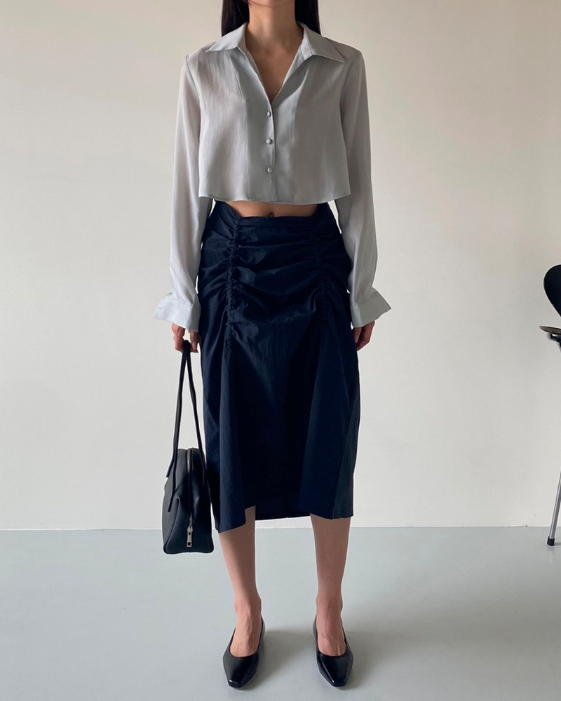 터널 링클 셔링 스커트 3col 유니크 주름 롱 미디 오피스룩 데일리룩 아이보리 그레이 네이비