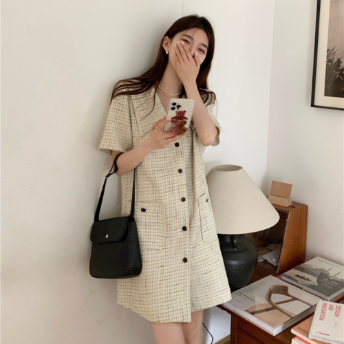 봄여름 하객룩 신상 체크원피스 빅카라 트위드원피스 V넥 싱글버튼 반소매 5부 반팔 포켓 팔뚝커버 몸매커버 아방핏 일자스커트 여름트위드 일자핏 미디원피스 20대 30대