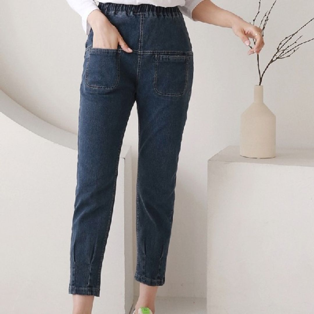 데일리 여성 핀턱 스판 청바지 밴딩팬츠 8부 청색