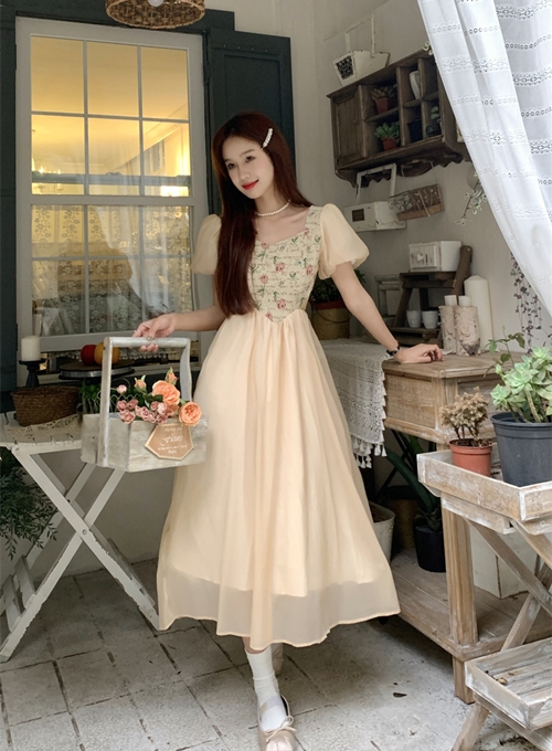 복고풍 원피스 햅번 스타일 프랑스 여성드레스 자카드 드레스 여름 퍼프 슬리브 공주풍 중간길이 맥시 미디 봄원피스 여성