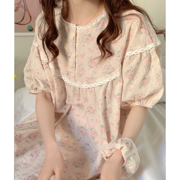 귀여운 레이스 플라워 반팔 원피스잠옷 2color