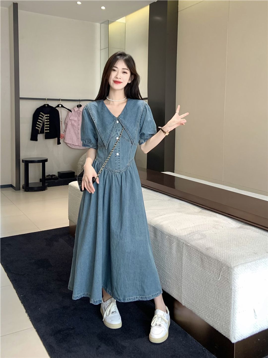세일러 카라 데님 롱 원피스 V 브이 넥 페미닌 벌룬 퍼프 슬리브 반팔 하프 캐주얼 단추 포인트 A 라인 미디 롱 스커트