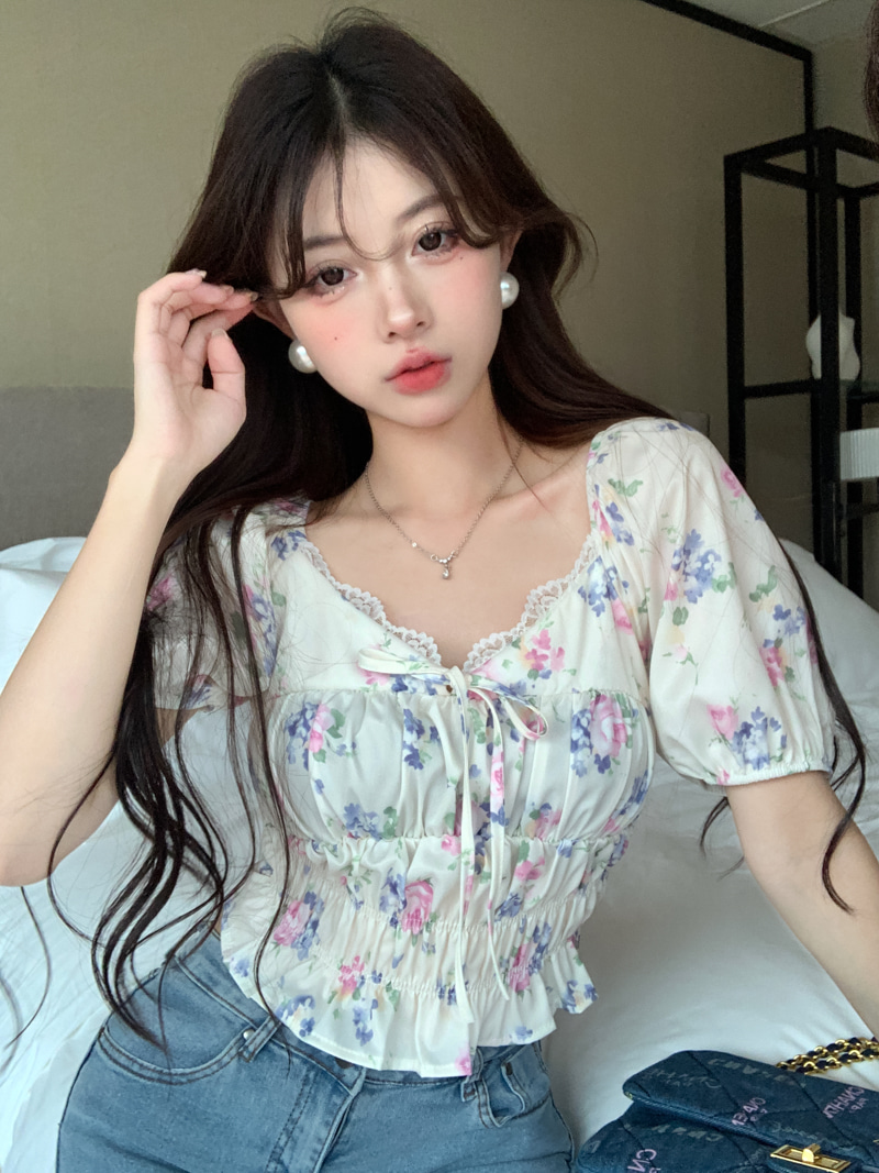 레이스 플라워 블라우스 V 브이 스퀘어 넥 반팔 벌룬 소매 퍼프 슬리브 밴딩 셔링 프릴 리본 크롭 미니 숏 청순 여리 꽃