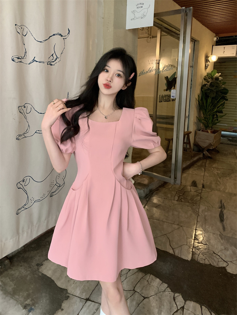 핑크 러블리 튤립 원피스 스퀘어 넥 벌룬 퍼프 파워 숄더 반팔 하프 소매 슬리브 슬림 웨스트 허리 A 라인 미디 미니 스커트