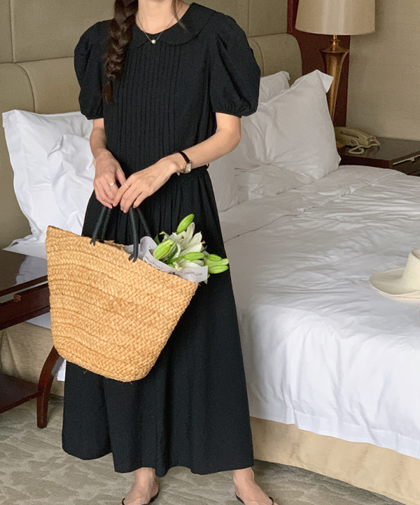 포앤바이앤 화이트 오늘출발 햅번 심플 롱드레스 라운드 카라넥 퍼프 벌룬 반팔 반소매 주름 허리리본 A라인 롱원피스봄 여름 블랙 화이트 편한 심플 일상룩 데일리룩