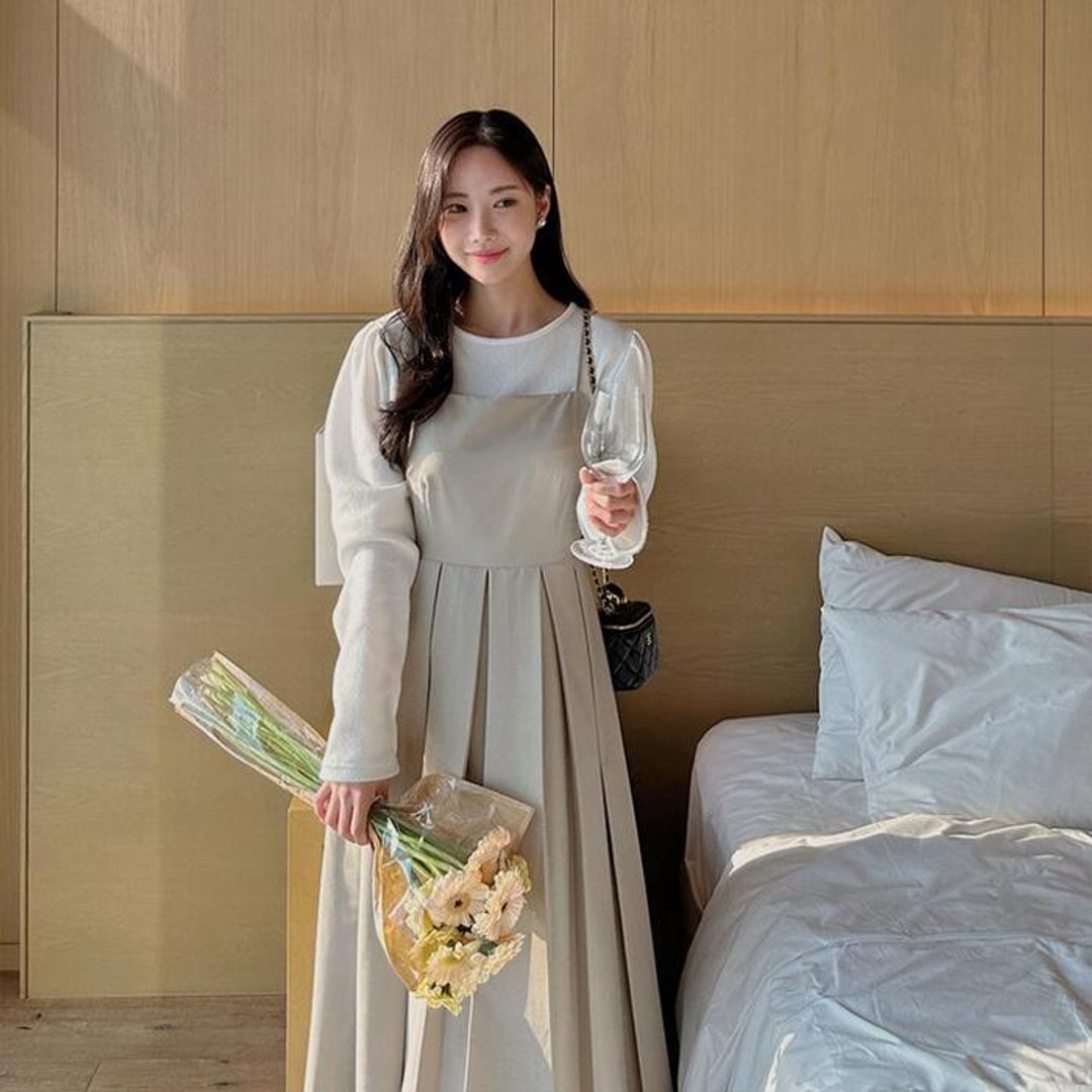 베티론 플리츠 뷔스티에 롱 원피스 끈조절