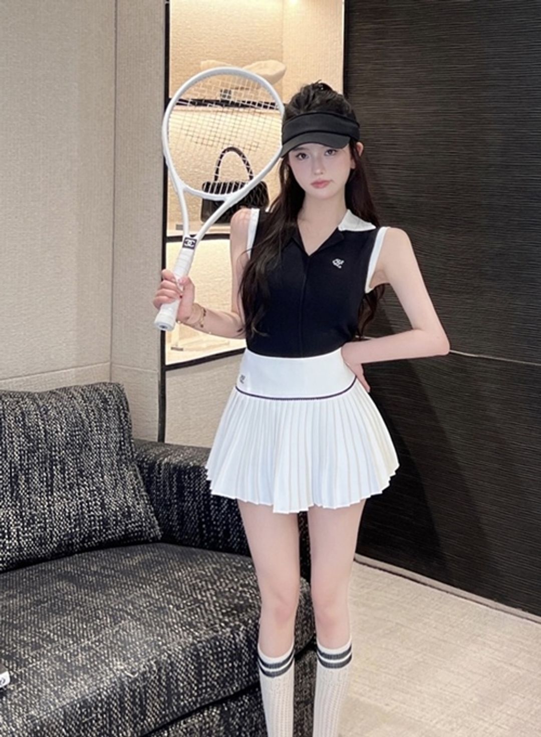 스포츠룩 화이트 테니스룩 테니스 치마 카라티 포켓 허리밴딩 셋업 디자인 투피스 세트 여름 배색 스포츠의상 크롭 플리츠