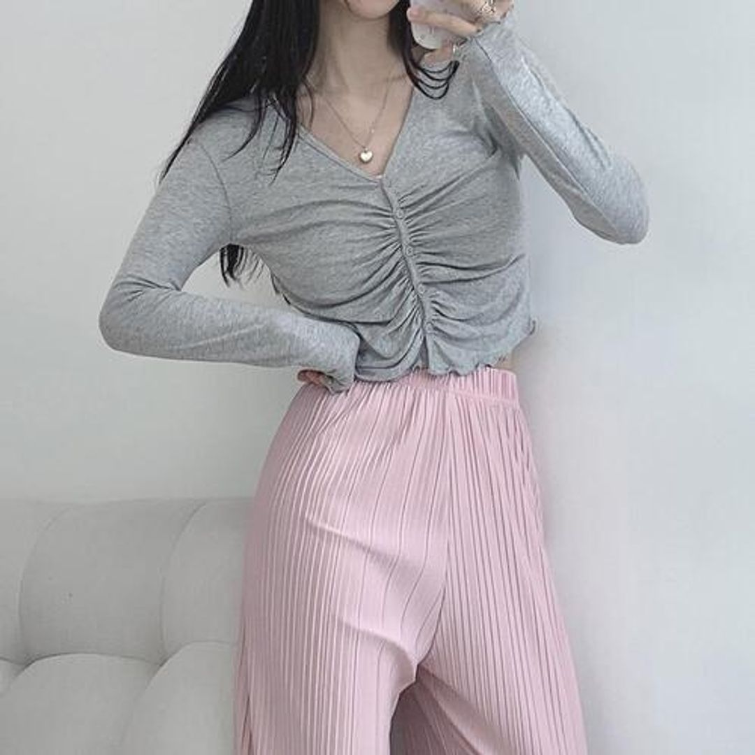 여리여리핏촉촉스판 파니니 V넥 셔링 크롭 가디건 티셔츠