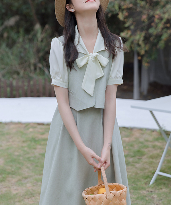 투피스같은 원피스 카라넥 리본타이 페이크 조끼 반팔 반소매 주름 미디원피스여름 고급스러운 하이퀄 레트로 복고풍 단정한 단아한 결혼식 하객룩 모임룩 오피스 출근룩 면접룩