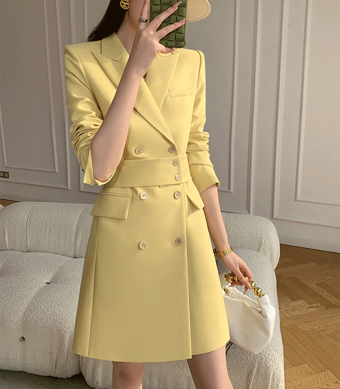 다바나 테일러드 드레이프 더블 자켓 숏 원피스a라인 슬림핏 심플 하이웨스트 미니스커트 더블버튼 브이텍 셔츠 카라 긴팔 재킷 정장 짧은 드레스 트위드 봄원피스 하객원피스