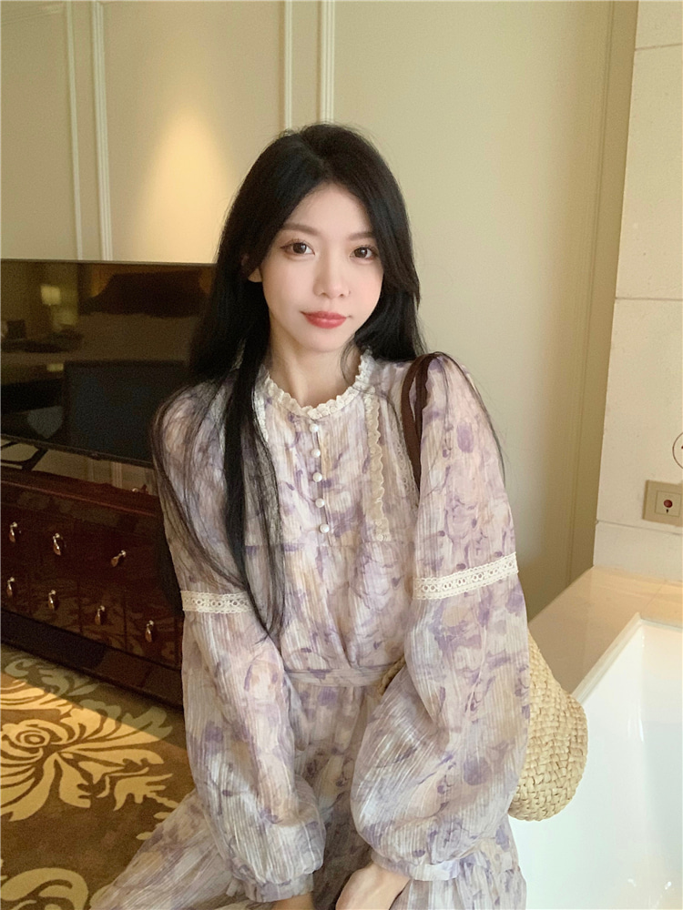 레이스 스티치 프렌치 원피스 라운드 넥 레트로 빈티지 복고 풍 쉬폰 나염 플라워 패턴 페미닌 포인트 단추 A 라인 미니 미디 플레어 스커트 리본 드레스 여친 데이트 퍼플 룩