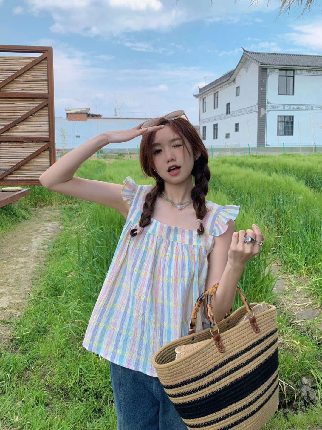 파스텔 체크 나시 탑 스퀘어 넥 프릴 민 소매 슬리브리스 나시 플레어 파스텔 컬러 러블리 청순 여리 귀여운 블라우스 셔츠