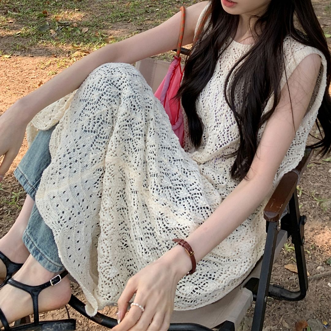 여름 레이어드 펀칭 민소매 니트 롱 원피스 휴양지 여행 1color