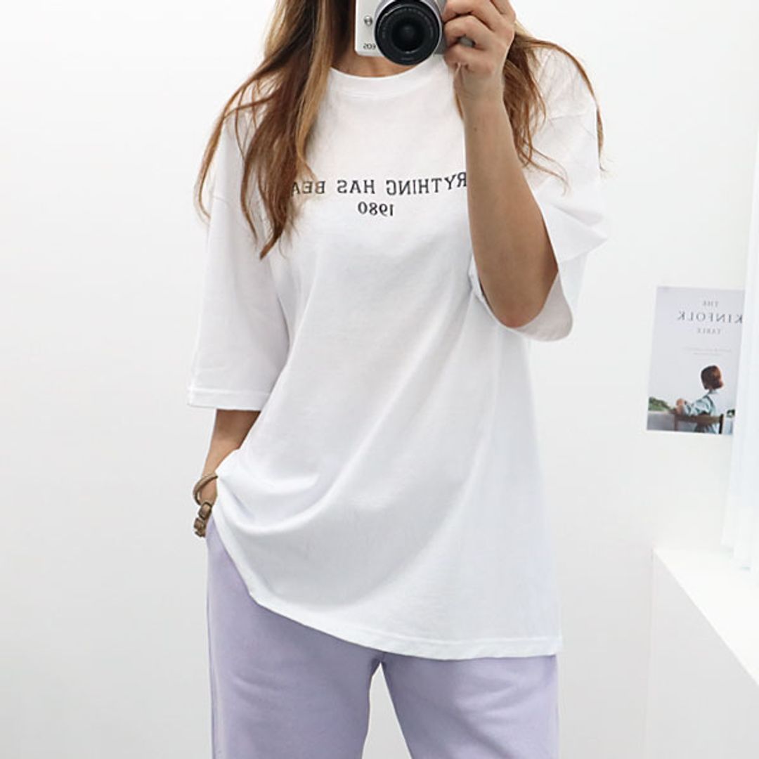 여성 뷰티 박스 반팔 롱티 레터링 면티 면티 라운드 흰 티셔츠