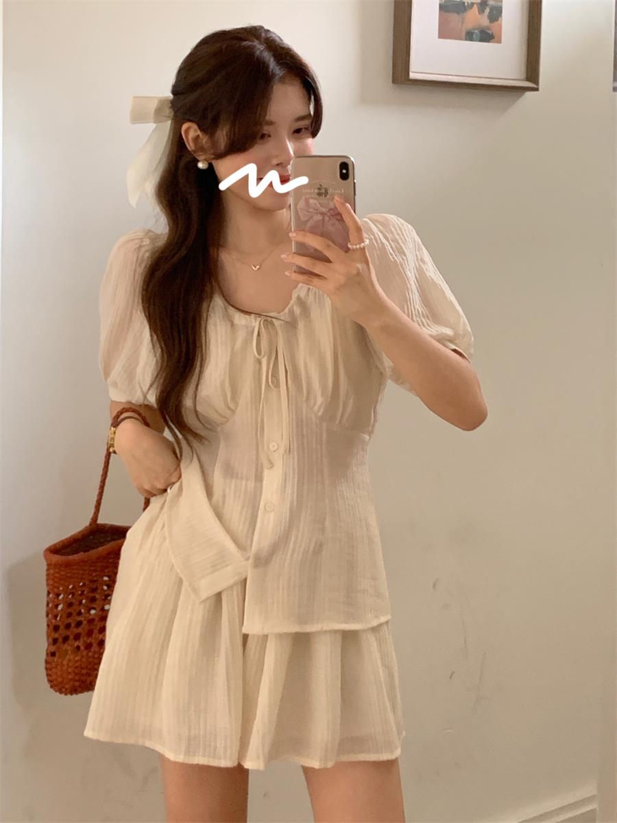 베이지하루 시스루 상하 세트 Setup 블라우스 가디건 미니 스커트 리본 셔링 퍼프 반팔 봄 여름 단추 루즈핏 플레어 주름 플리츠 캐주얼 한벌 30대 40대 여성