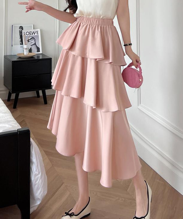 5 Color 허리밴딩 하이웨스트 언발 캉캉 플레어 솔리드 무광 새틴 롱 스커트 봄 여름 화사한 파스텔 러블리 사랑스러운 샤랄라 데일리룩 모임룩