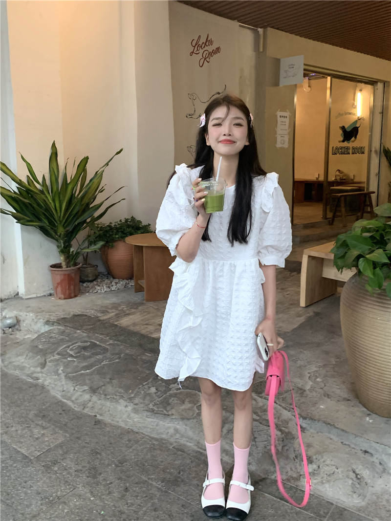프릴 루즈 화이트 원피스 라운드 넥 셔링 벌룬 퍼프 반팔 소매 하프 슬리브 하이 웨스트 A 라인 미니 미디 숏 짧은 플레어